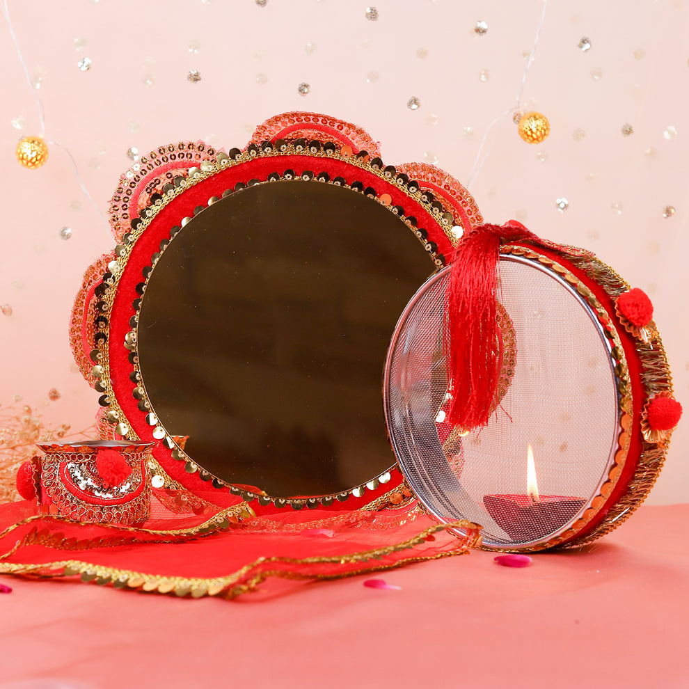 Karwa Chauth Thali Set with Cover Red Mirror Finish | MOSKAI – moskai